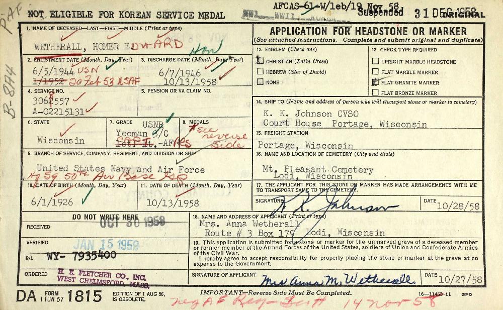 Homer Wetherall Headstone Application